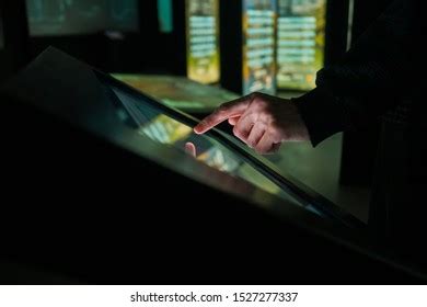 Man Hand Using Interactive Touchscreen Display Stock Photo Shutterstock