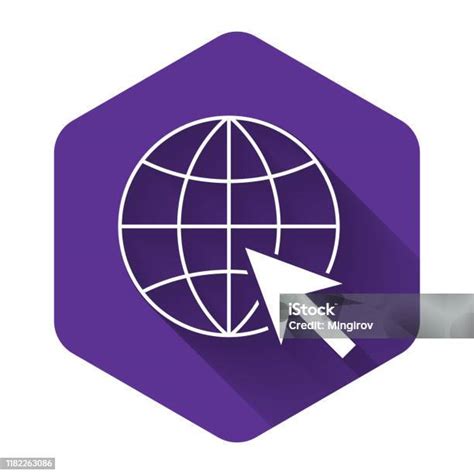 白色轉到 Web 圖示與長陰影隔離球和游標網站象形圖萬維網符號紫色六邊形按鈕向量插圖向量圖形及更多世界地圖圖片 世界地圖 互聯網 信