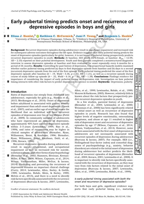 Pdf Early Pubertal Timing Predicts Onset And Recurrence Of Depressive