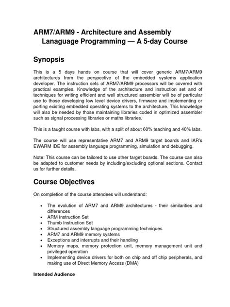 ARM7/ARM9 - Architecture and Assembly Lanaguage Programming - A 5-Day Course Synopsis | PDF ...