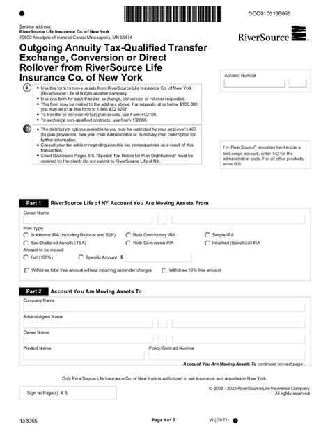 Fillable Online Form 138065 Request For Ira Roth Annuity Transfer Or Direct Rollover From