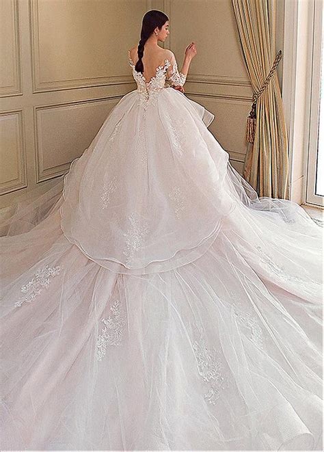 Tulle Jewel Long Sleeve Appliques Ball Gown Wedding Dress