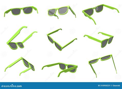 Various Angles Of Green Sunglasses Isolated Stock Illustration
