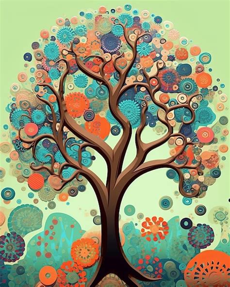 Premium Vector An Artistic Painting Of A Tree With Colorful Circles Around It