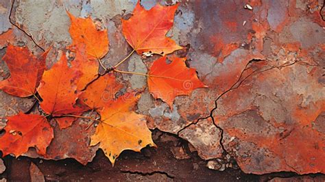 Golden Autumn Leaves Resting On A Cracked Weathered Surface Generative
