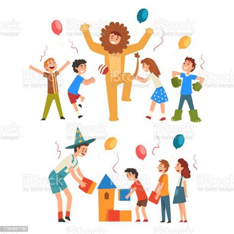 행복 한 남자와 여자는 생일에 애니메이터와 재미 재미 있는 축제 의상에서 연예인 수행 하 고 노는 아이 들 벡터 일러스트 레이
