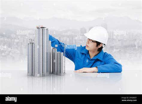 Architect And City Apartment Construction Site And Blueprint Background
