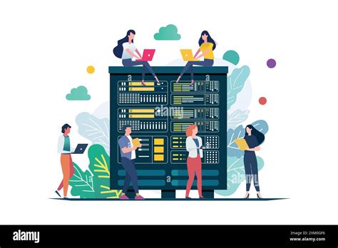 Technician Works In Huge Server Room Data Storage Cloud Storage Computing Technology Flat