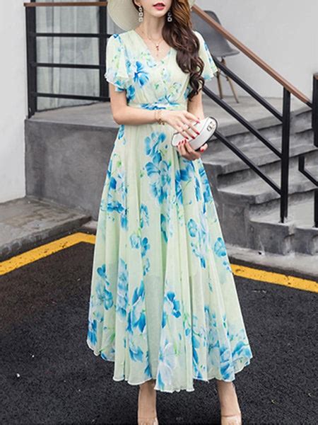 Summer V Neck Floral Printed Chiffon Maxi Dress Ebuytide