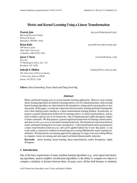 Metric And Kernel Learning Using A Linear Transformation Prateek Jain