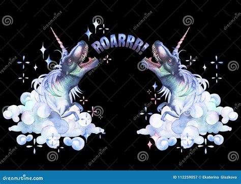 Tiranosaurios De La Acuarela Con El Cuerno Y La Melena Del Unicornio