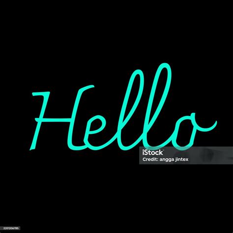 검은색 배경에 밝은 청록색으로 Hello라는 단어가 새겨진 우아한 네온 스크립트 타이포그래피 현대적이고 스타일리시한 디자인으로 인사말 카드 브랜딩 디지털 아트 및 소셜
