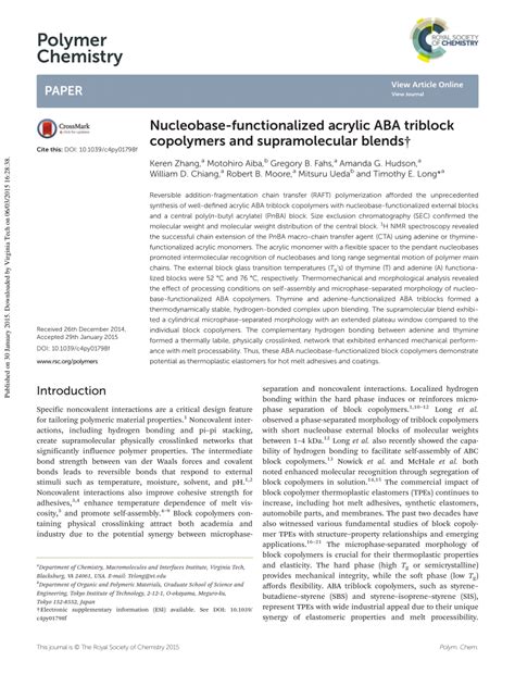 Pdf Nucleobase Functionalized Acrylic Aba Triblock Copolymers And
