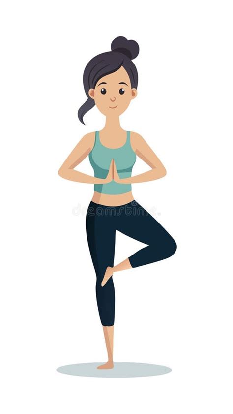 Young Woman Practicing Yoga In Tree Pose Cartoon Vector Illustration