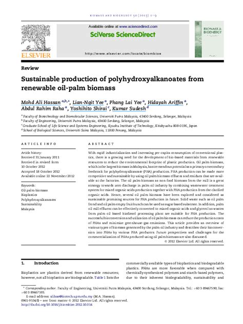 Pdf Sustainable Production Of Polyhydroxyalkanoates From Renewable Oil Palm Biomass