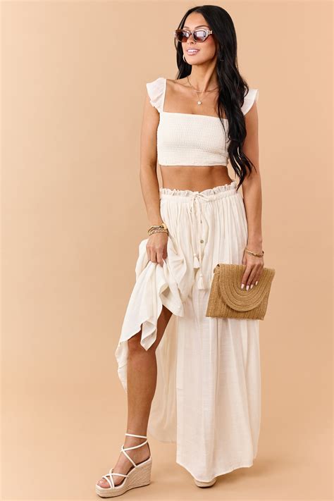 Cream Maxi Skirt And Smocked Crop Top Set Lime Lush Boutique