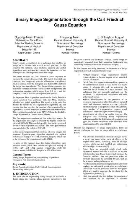 Pdf Binary Image Segmentation Through The Carl Friedrich Gauss Equation