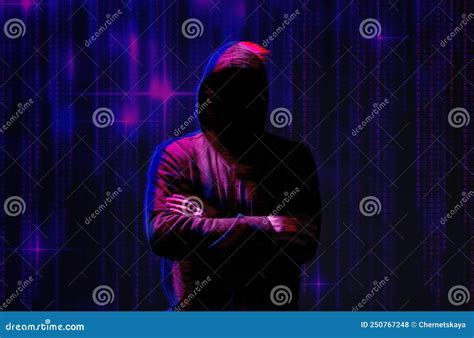 Silhouette Of Anonymous Hacker And Digital Binary Code On Dark Background Cyber Attack Concept