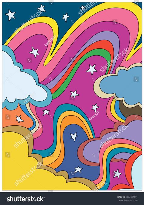 Rainbows Clouds Vintage Psychedelic Art 1960s Stock Vector Royalty
