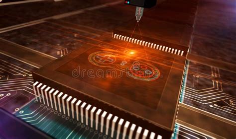 Processor Factory With Laser Burning Of Bitcoin Symbols Illustration