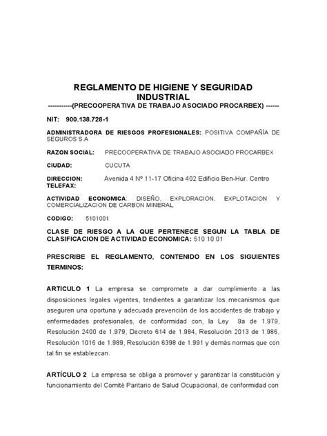 Reglamento De Higiene Y Seguridad Industrial Pdf Seguridad Y Salud