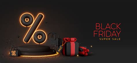 블랙 프라이데이 세일 현실적인 3d 디자인 무대 연단 라운드 스튜디오 골드 네온 조명 선물 상자 블랙 레드 보우 쇼핑백 큰 퍼센트 라벨 할인 창조적 인 마케팅 개념 벡터