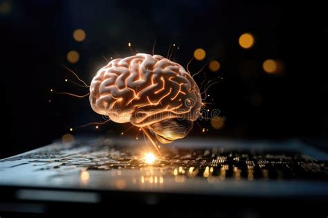 Futuristic Brain On Circuit Board With Neon Sparks Concept Of Ai And Technology Stock Image