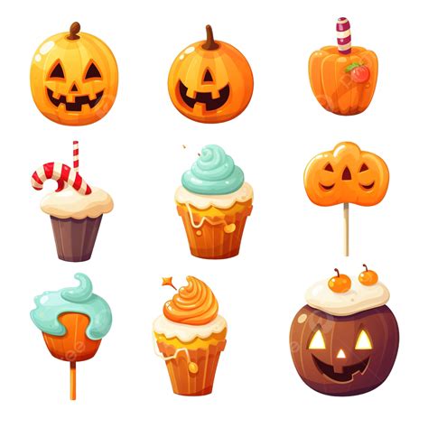 Cartoon Halloween Candies And Sweets Lollipop Cupcakes Caramel Apple