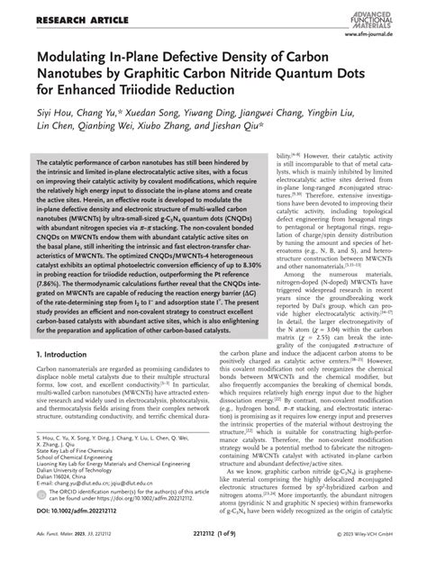 Modulating In‐plane Defective Density Of Carbon Nanotubes By Graphitic Carbon Nitride Quantum