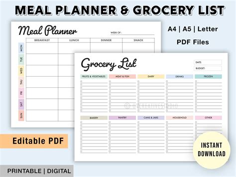 Editable Weekly Meal Planner Grocery List Printable Digital Meal Prep