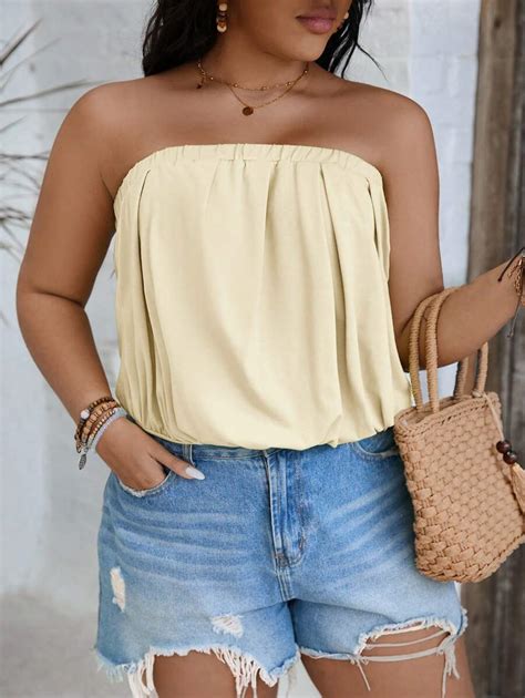 Shein Vcay Plus Size Ladies Solid Fold Pleated Casual Tube Top For