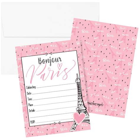 Pink Paris Party Invitation Cards With Pink Envelopes Worksheets