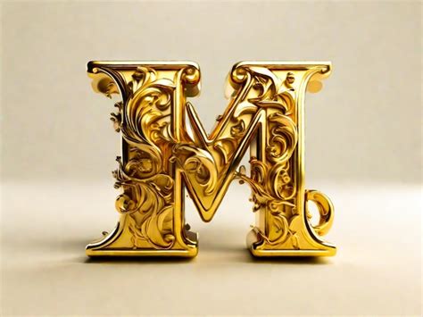 Tipografía dorada de la letra m renderizada en 3d sobre un fondo blanco