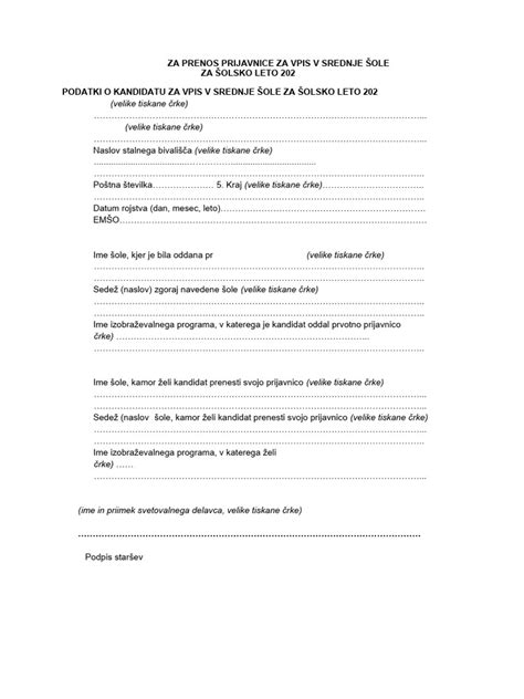 Obrazec Za Prenos Prijavnice Za Vpis V Srednjo Solo Pdf