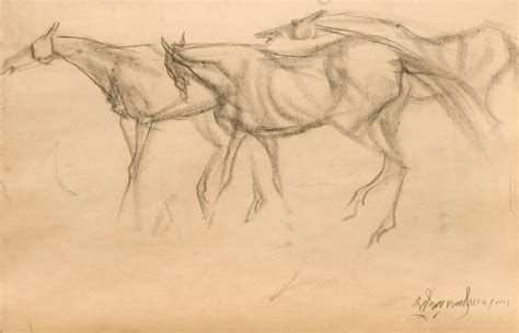 Sunil Das Early Horses Iv Drawing Charcoal On Paper Black By Sunil