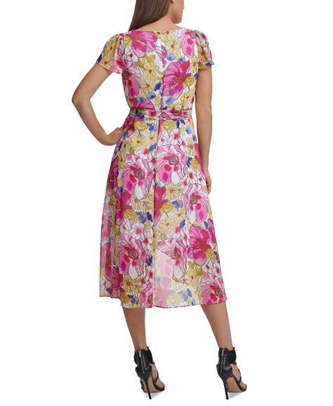 Dkny Floral Print Flutter Sleeve Faux Wrap Midi Dress Macys