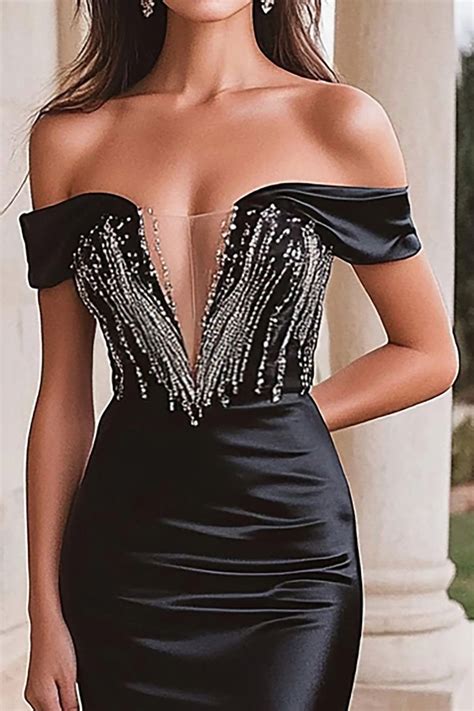Queendancer Women Sparkly Black Mermi Satin Prom Dress With Slit Off