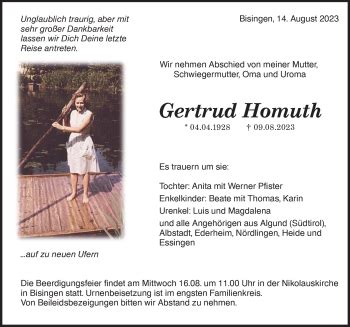 Traueranzeigen von Gertrud Homuth Schwarzwälder Bote Trauer