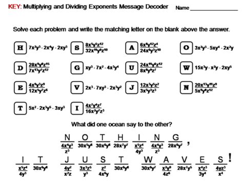 Multiplying And Dividing Exponents Worksheet Math Message Decoder Teaching Resources