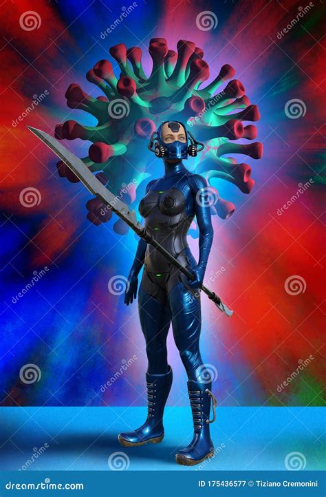 Cyborg Warrior Donna Armata Di Spada Sullo Sfondo Di Una Creatura