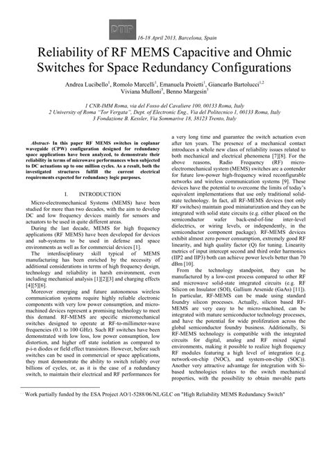 Pdf Reliability Of Rf Mems Capacitive And Ohmic Switches For Space Redundancy Configurations