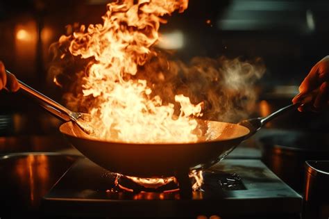 Professional Chef In Action With Flaming Wok Dynamic And Fiery Cooking