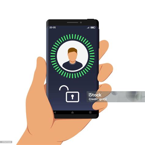 その画面上の顔idや顔認識アプリを持つ手持ちスマートフォンフラットデザインスタイルのイラスト 顔認証技術のベクターアート素材や画像を多数ご