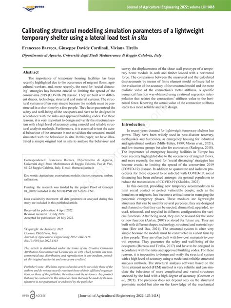 Pdf Calibrating Structural Modelling Simulation Parameters Of A Lightweight Temporary Shelter