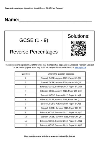 Reverse Percentages Gcse Maths Past Paper Questions Teaching Resources