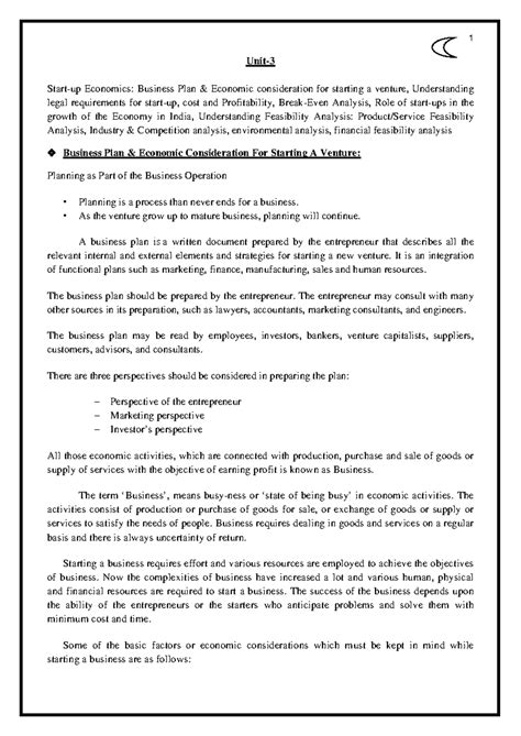 Iande Unit 3 Economic Considerations For Starting A Business Venture