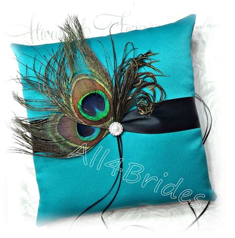 Peacock Wedding Ring Pillow Teal Blue And Black Ring Bearer Etsy