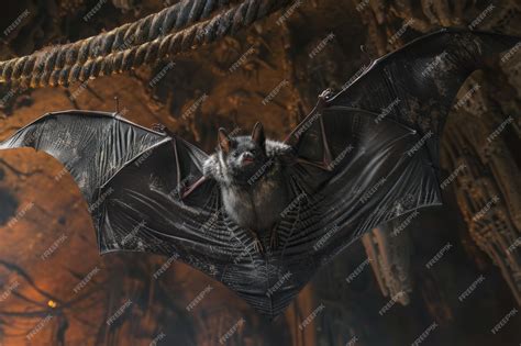 A Bat In Flight Inside A Cave Wings Spread Wide With A Detailed