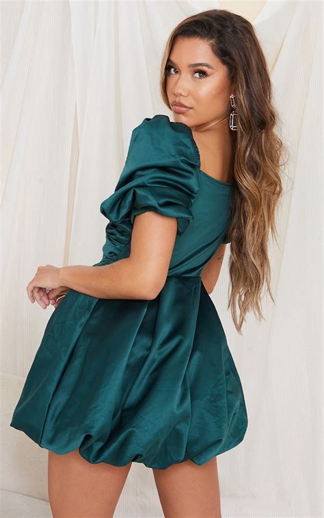 Emerald Green Satin Puff Sleeve Puff Ball Dress Dresses