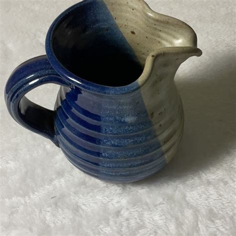 Handmade Art Artistic Blue And Cream Ceramic Pitcher With Ribbed